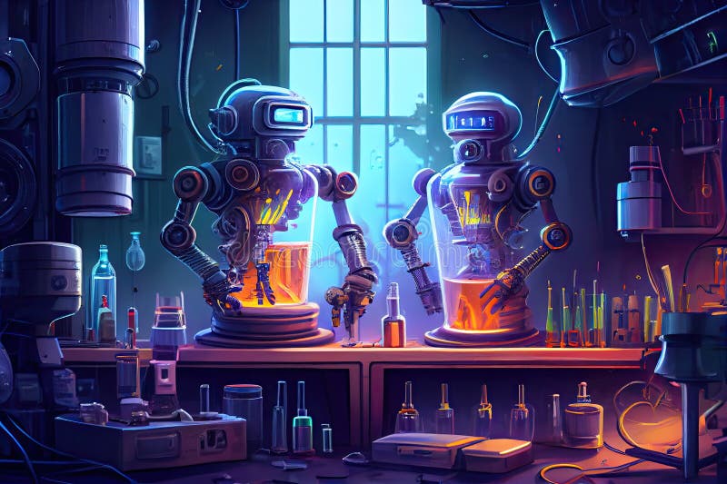 High-tech Laboratory, with Two Robots Performing Complex Chemical ...