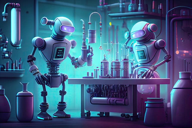 High-tech Laboratory, with Two Robots Performing Complex Chemical ...