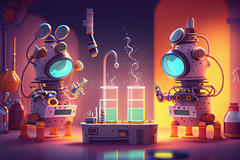 High-tech Laboratory, with Two Robots Performing Complex Chemical ...