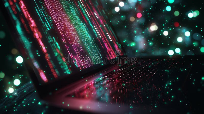 A High-tech Laptop with Digital Code Reflections, Set Against a Vibrant ...