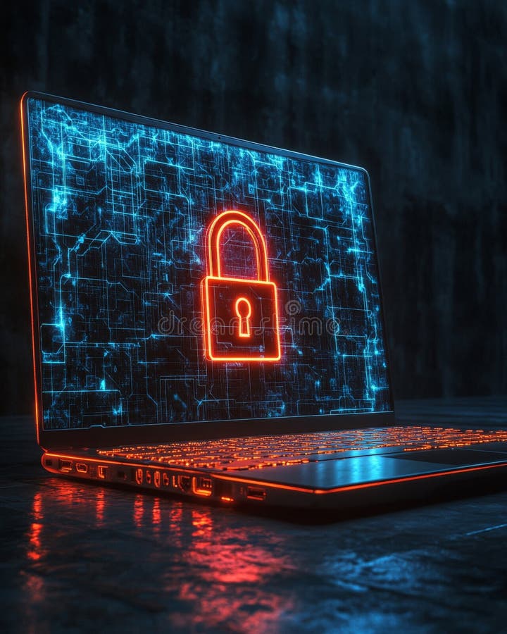 High Tech Laptop with an Illuminated Red Lock Icon on a Dark Digital ...
