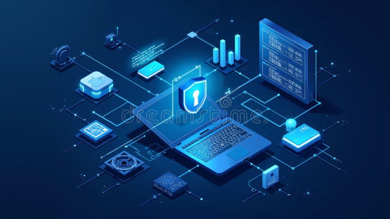 A High-tech Laptop Surrounded by Data Protection Elements Glowing in a ...