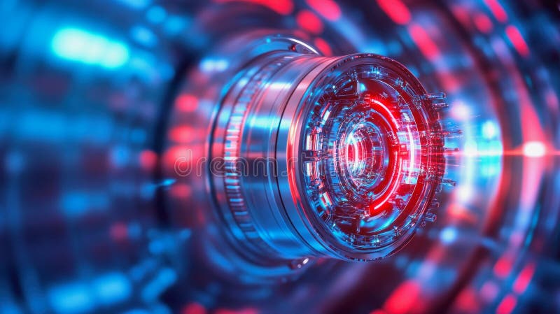Futuristic High Tech Laser Engine Glowing with Red and Blue Lights in a ...