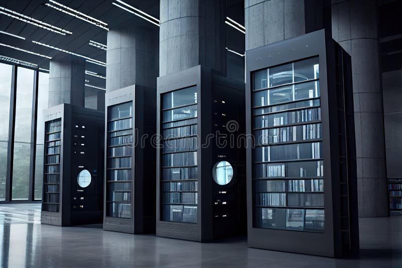 High-tech Library with Banks of Servers and Racks of Hardware, Serving ...