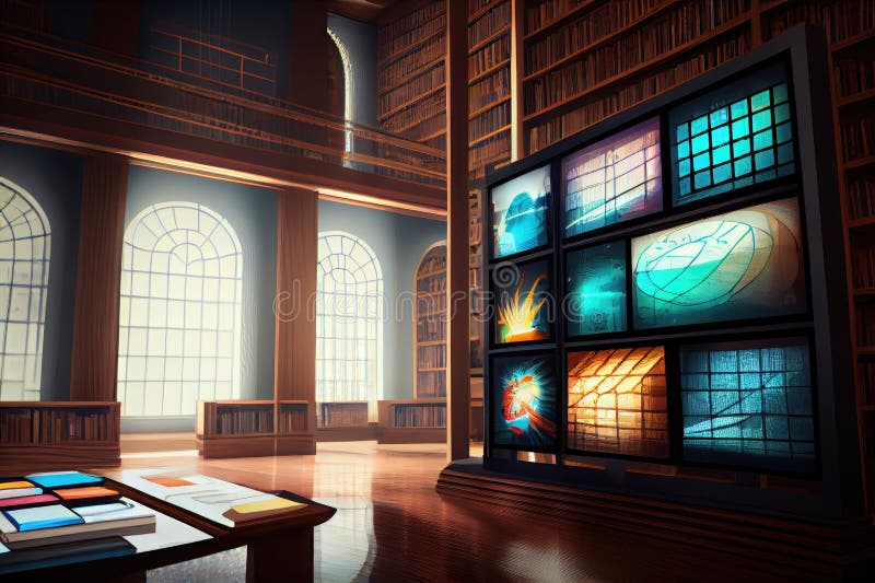 High-tech Library with Touchscreens, Virtual Reality, and Holographic ...