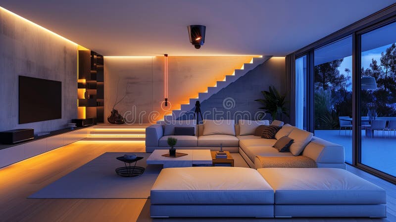 A High-tech Living Room with Smart Home Features, Minimalist Design ...