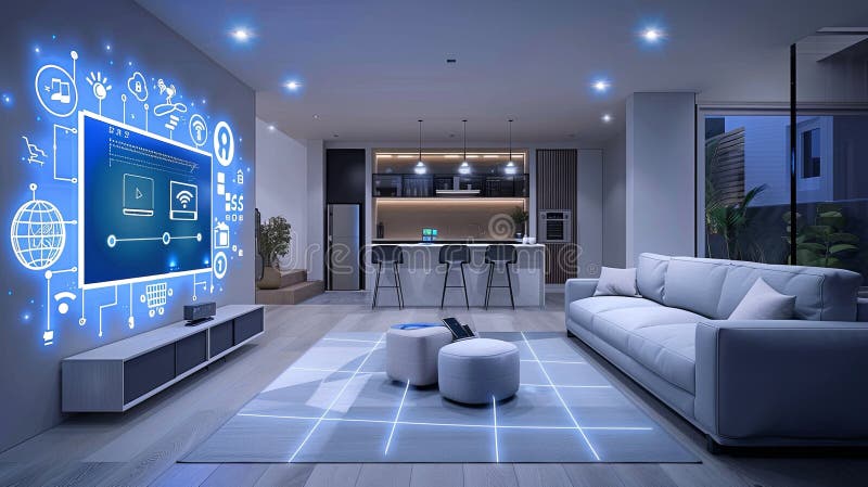 High-tech Living Space Featuring a Smart Home System, with a Digital ...