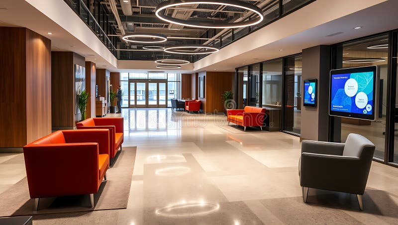 A High Tech Lobby with Modular Seating Charging Stations and ...