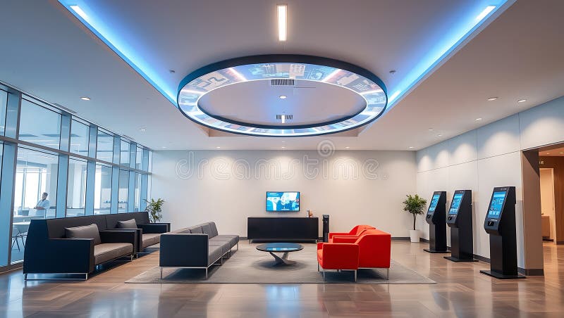 A High Tech Lobby with Modular Seating Charging Stations and ...