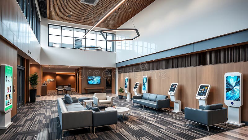 A High Tech Lobby with Modular Seating Charging Stations and ...