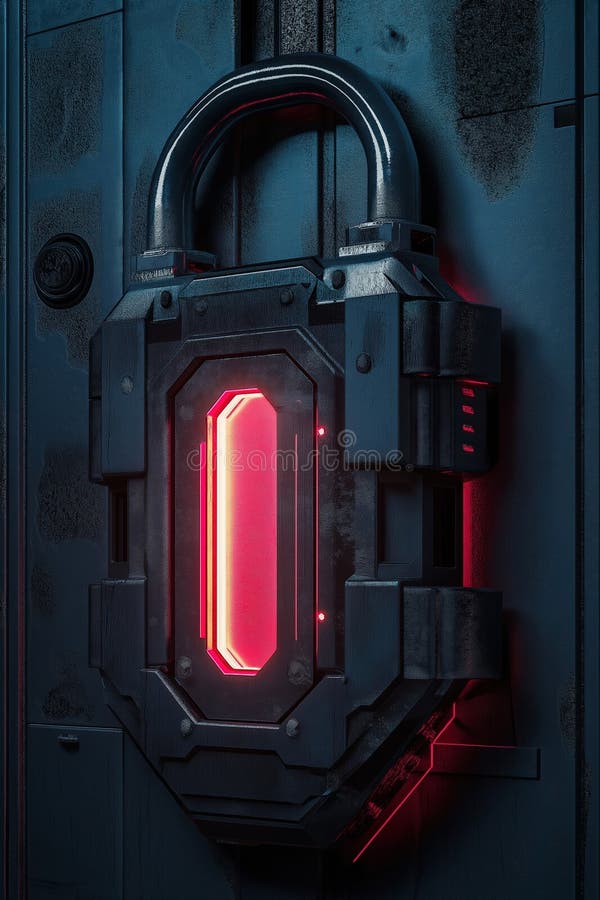 Futuristic Lock Design with Neon Light on a Metallic Surface Stock ...