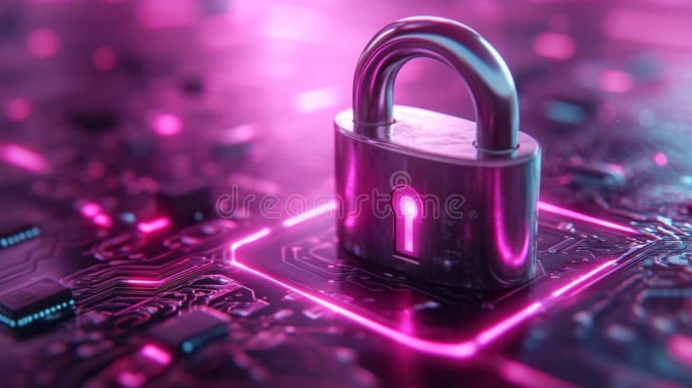 High-tech Lock with Pink Light on a Circuit Board with Neon Glowing ...