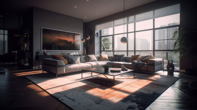 High-tech Loft Living Room, Large Panoramic Windows Stock Illustration ...