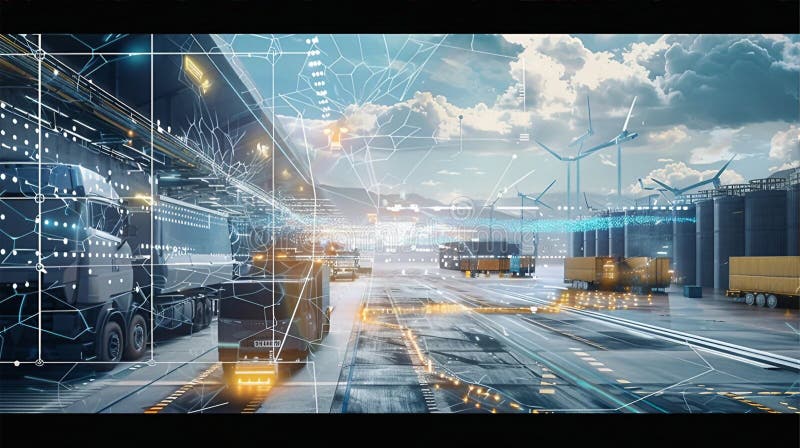 High-tech Logistics Hub with Autonomous Trucks, Wind Turbines, and Digital Network Overlay Stock ...