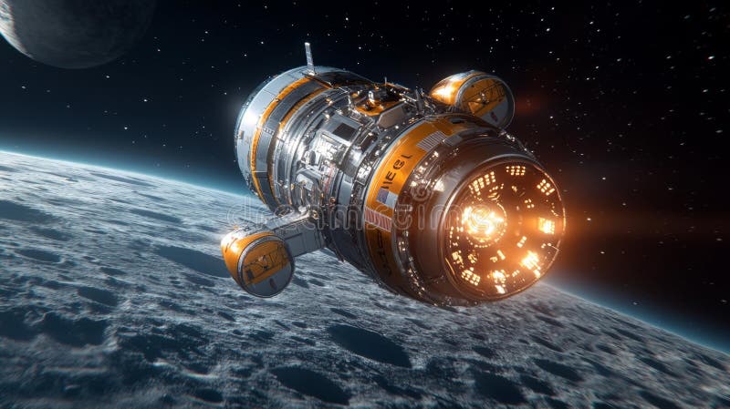 High-tech Lunar Shuttle Orbiting the Moon with Bright Engine Lights in Space Stock Illustration ...