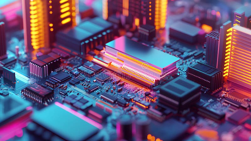 High-tech Macro View of a Glowing Computer Motherboard with Vibrant ...