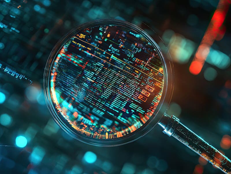 High-tech Magnifying Glass Revealing Complex Digital Data on a Dark ...