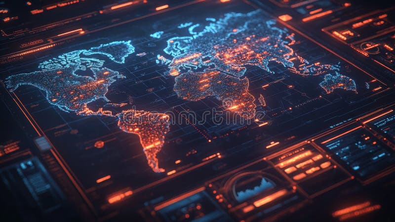 High Tech Map of the World Glowing in Vivid Orange on a Digital ...