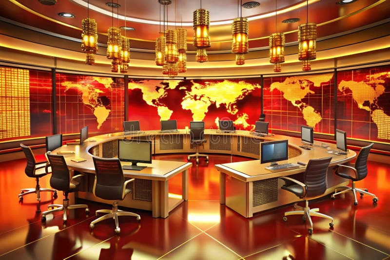 High Tech Media Control Room Featuring Bold Red and Gold Theme ...