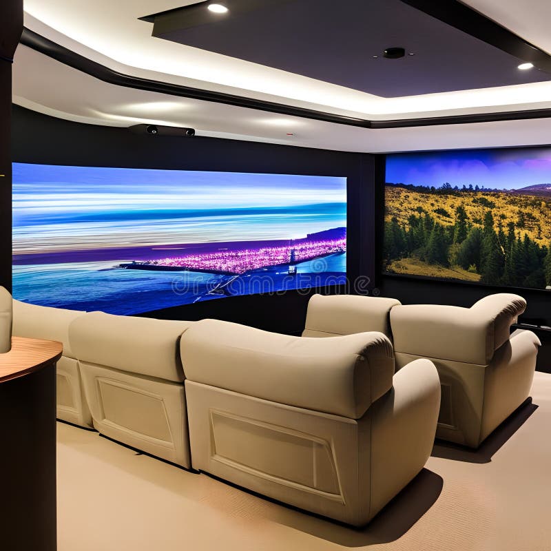 A High-tech Media Room with a Massive Screen, Comfortable Recliners ...