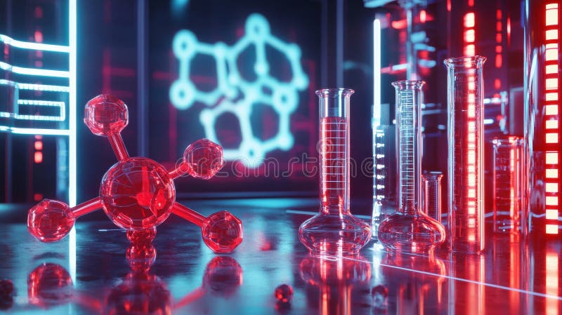 A High-tech Medical Research Lab with a Glowing 3D Molecular Model in ...