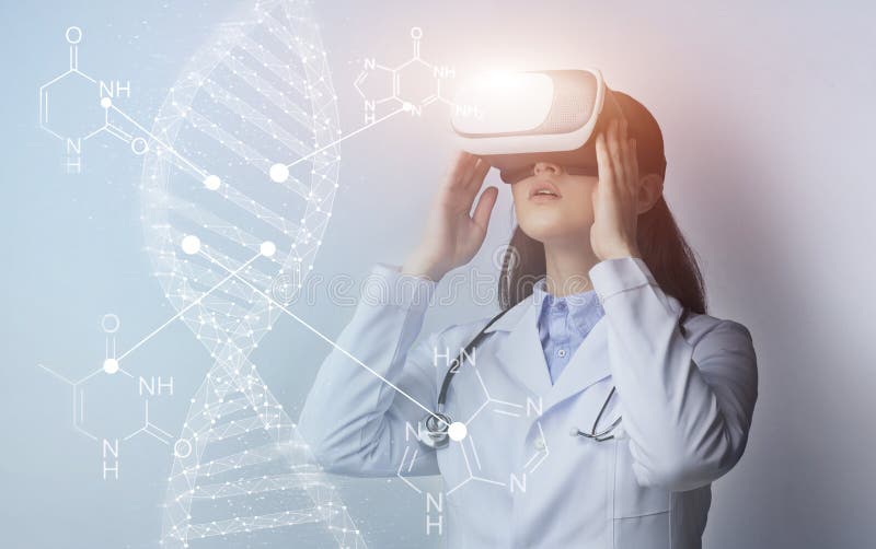 High Tech Medicine. Young Doctor Using VR Headset, Collage with DNA ...