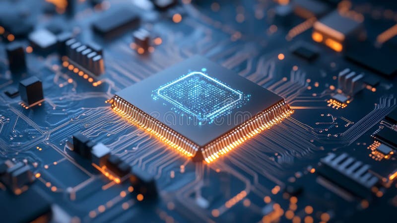 High-Tech Microchip on Circuit Board Closeup Stock Illustration ...
