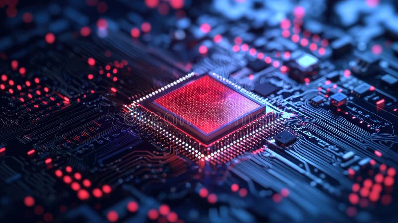 High Tech Microchip on Circuit Board with Glowing Elements Stock ...