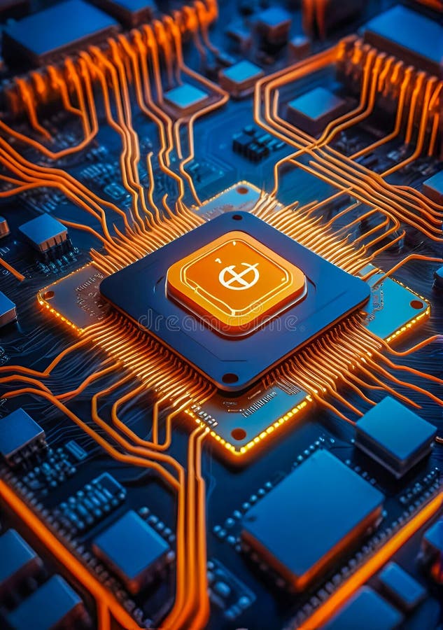 High-Tech Microchip Circuitry with Glowing Orange Pathways Stock ...