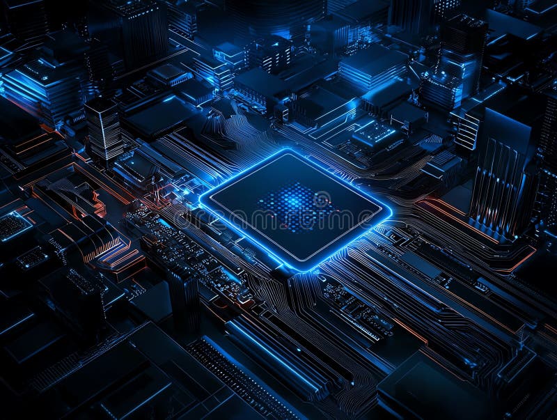 A Hightech Microchip in a Complex Motherboard with Vibrant Blue Glow ...