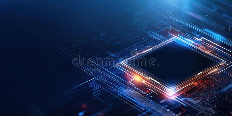 High Tech Microchip with Glowing Circuits and Blue Background Stock ...