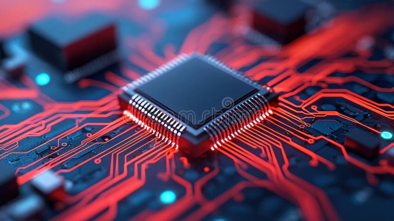 High Tech Microchip with Glowing Circuits on Dark Background Stock ...