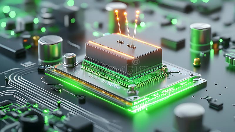 High Tech Microchip Glowing with Green Lights on Circuit Board ...