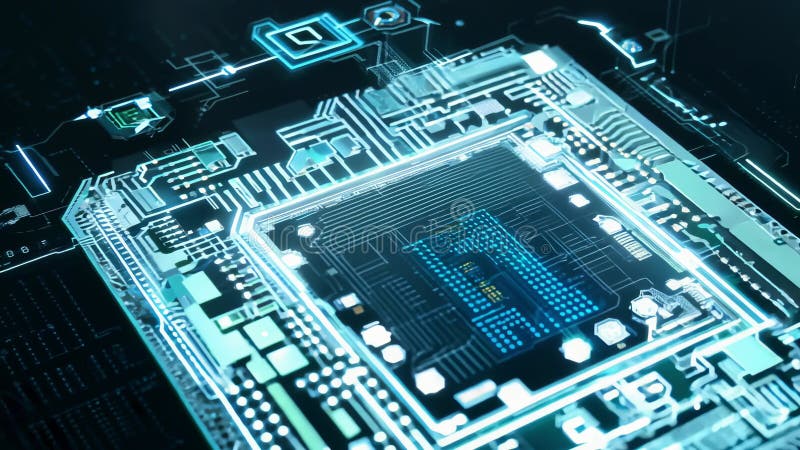 A High-tech Microchip is Illuminated As the Camera Zooms Out, Revealing ...