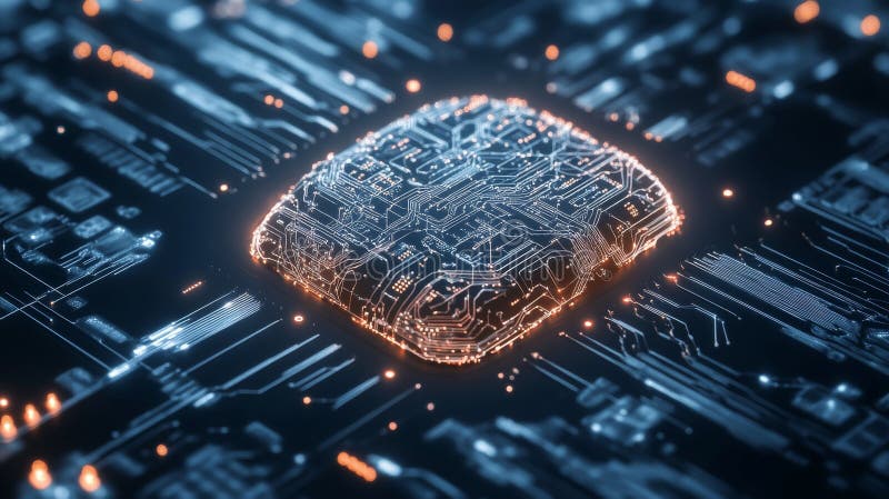 High-tech Microchip Illustration with Glowing Circuits and Data ...