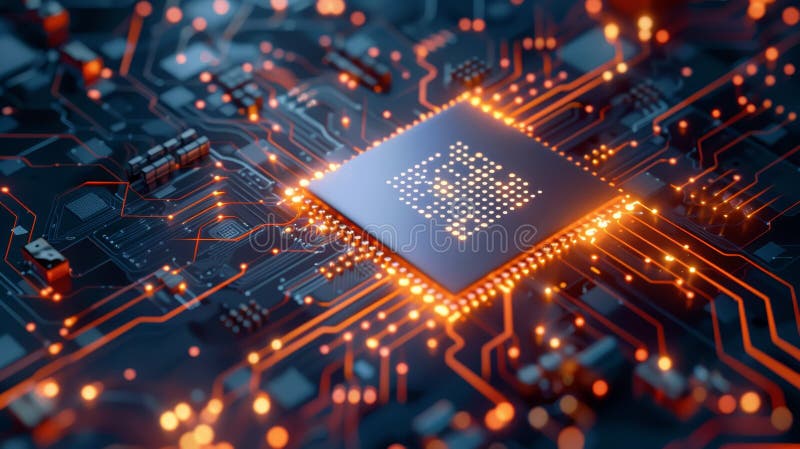 High-Tech Microchip with Orange Circuit Connections Stock Illustration ...