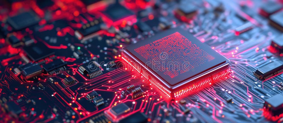 High-tech Microprocessor on Circuit Board with Glowing Red Lights and Intricate Design Stock ...