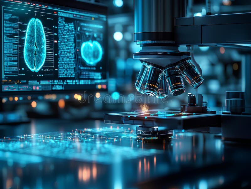 High Tech Microscope and Digital Brain Scan in Modern Lab Stock Illustration - Illustration of ...