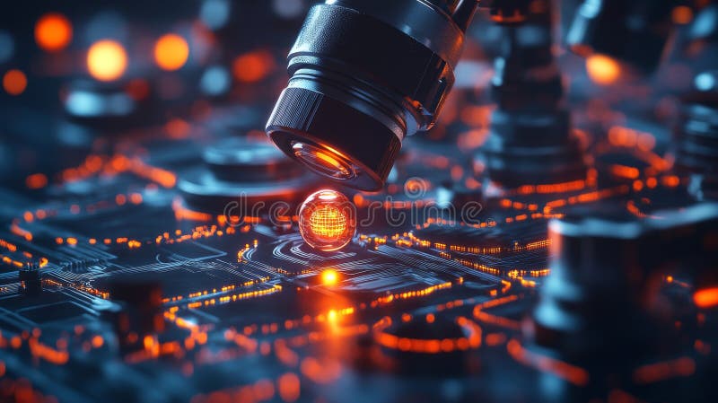 High Tech Microscope Examining Glowing Circuit Board Details Stock Illustration - Illustration ...