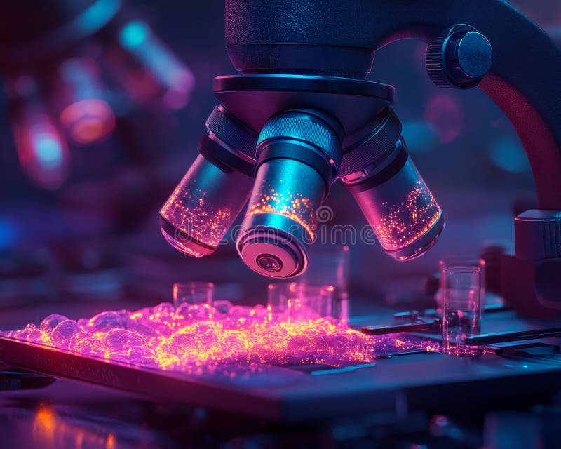 High Tech Microscope Examining Vibrant Biological Samples with Glowing ...