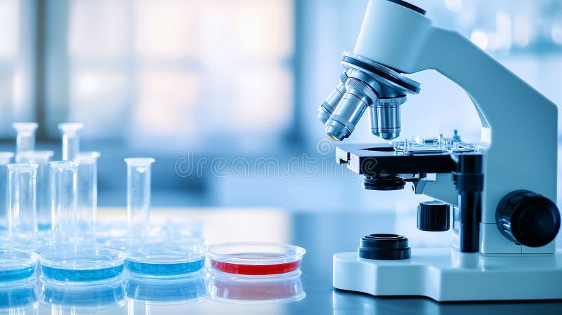 A High-tech Microscope Sits beside Colorful Petri Dishes, Showcasing ...
