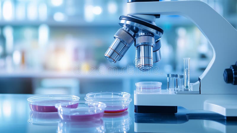 A High-tech Microscope Stands Over Petri Dishes Filled with Samples ...