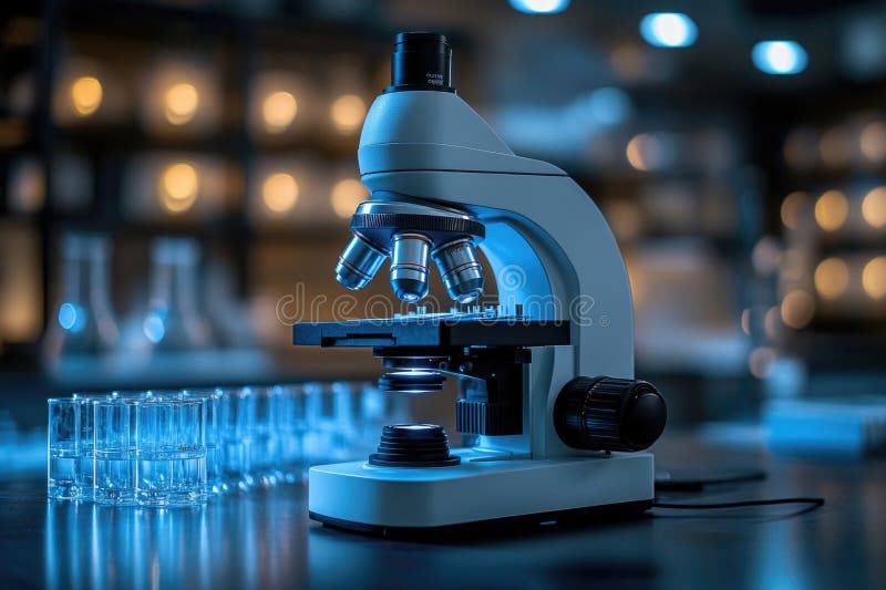 High-Tech Microscope and Test Tubes on Laboratory Table for Advanced ...