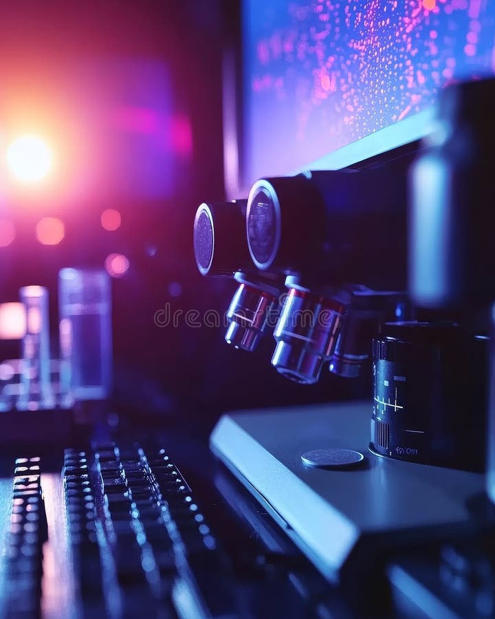 High-tech Microscope with Vibrant Purple Lighting, Showcasing Advanced ...