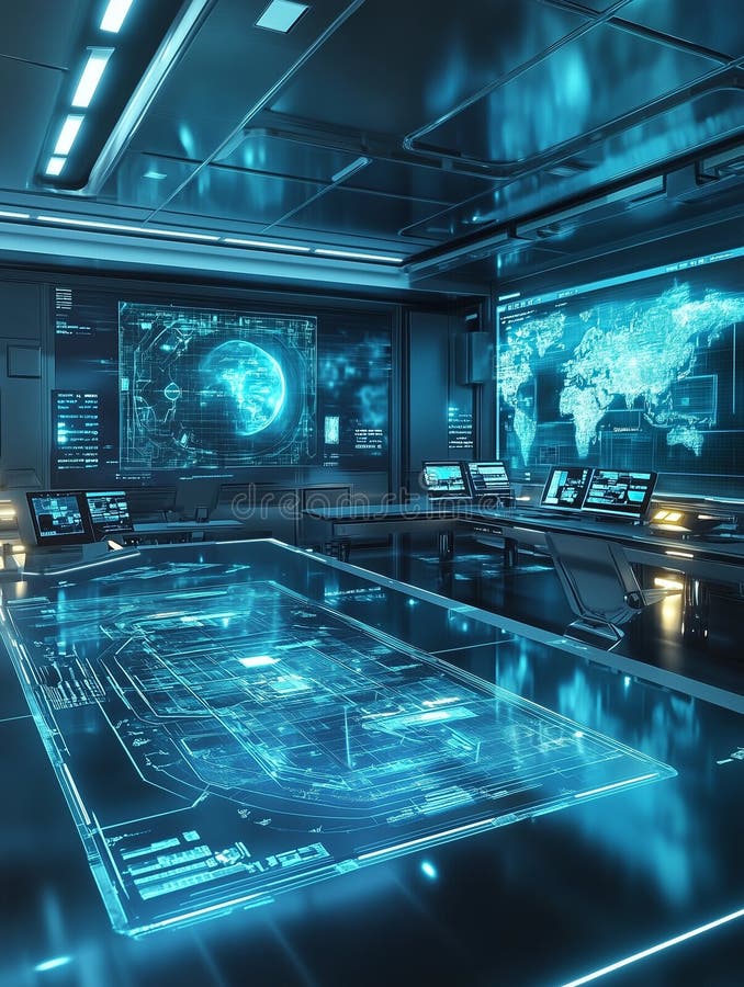 High-tech Military Command Room Featuring Advanced Digital Interfaces ...