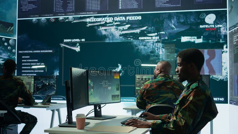 High Tech Military Office with Soldiers Analyzing Real Time Data Stock ...