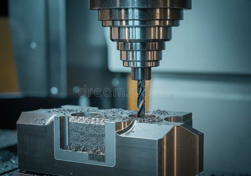Precision Milling Machine Cutting Metal Block with a Drill Bit Stock ...