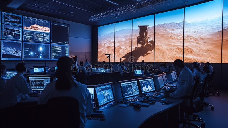 High-Tech Mission Control Room Filled with Scientists and Equipment ...