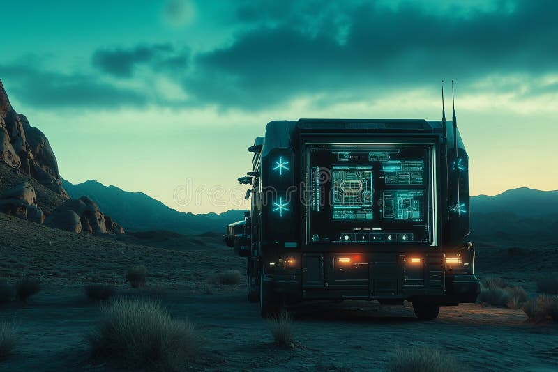 High-tech Mobile Command Center Operates in a Desert Landscape at Dusk ...