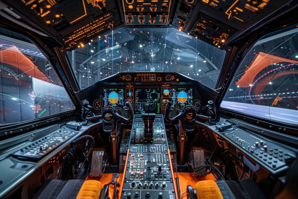 Advanced Airplane Cockpit with Illuminated Control Panels and Displays ...